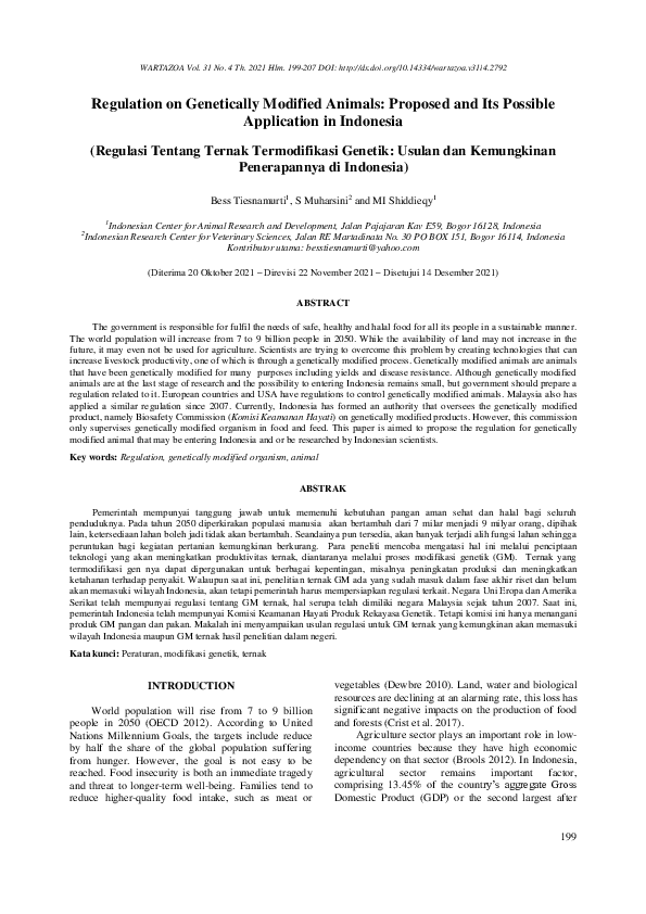 (PDF) Regulation on Genetically Modified Animals: Proposed and Its Possible Application in ...