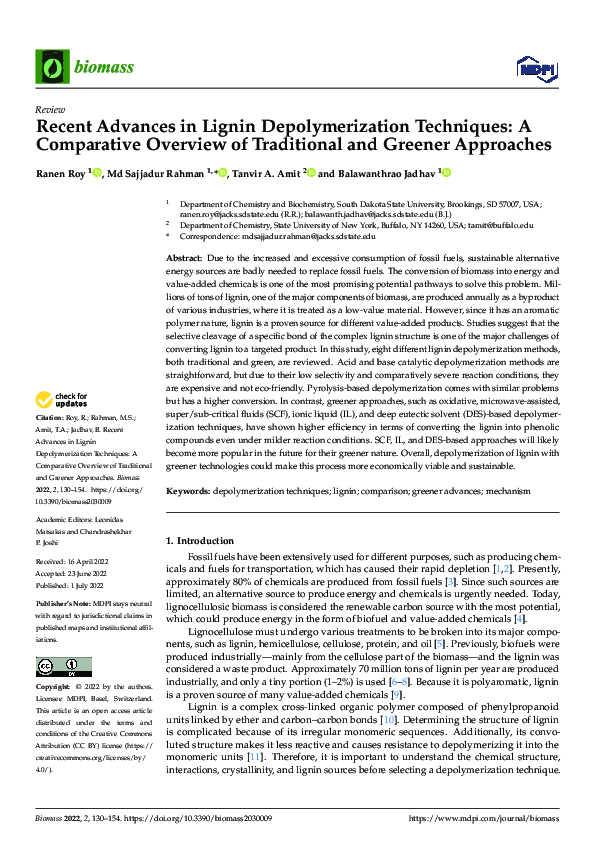 (PDF) Recent Advances in Lignin Depolymerization Techniques: A Comparative Overview of ...