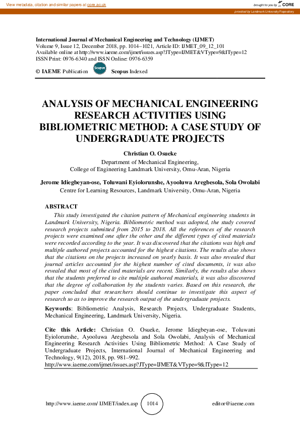 (PDF) Analysis of Mechanical Engineering Research Activities Using Bibliometric Method: A Case ...