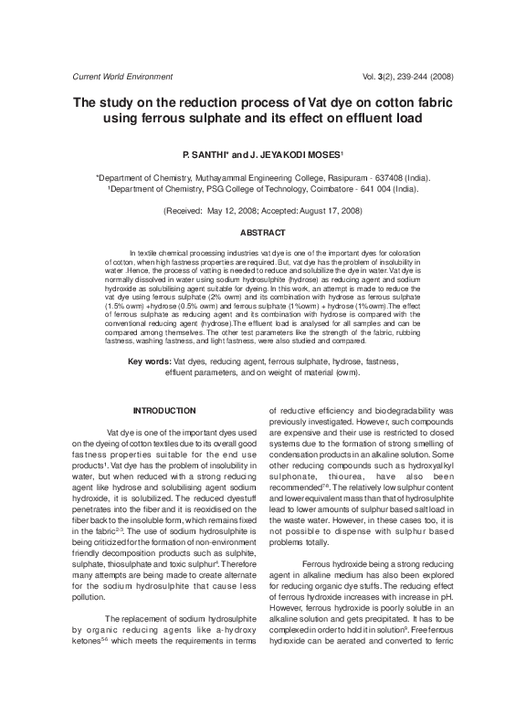 (PDF) The study on the reduction process of Vat dye on cotton fabric using ferrous sulphate and ...