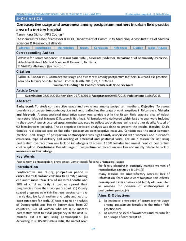 (PDF) Contraceptive usage and awareness among postpartum mothers in ...
