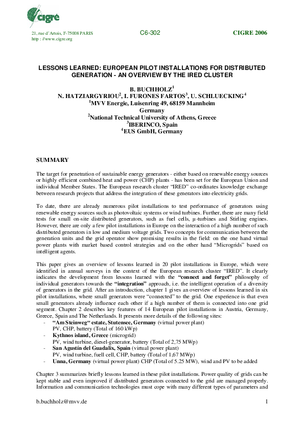 (PDF) Lessons Learned: European Pilot Installations for Distributed Generation-An Overview by ...