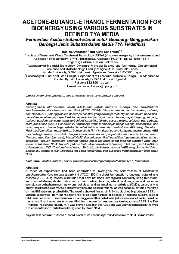 (PDF) Acetone-Butanol-Ethanol Fermentation for Bioenergy Using Various ...