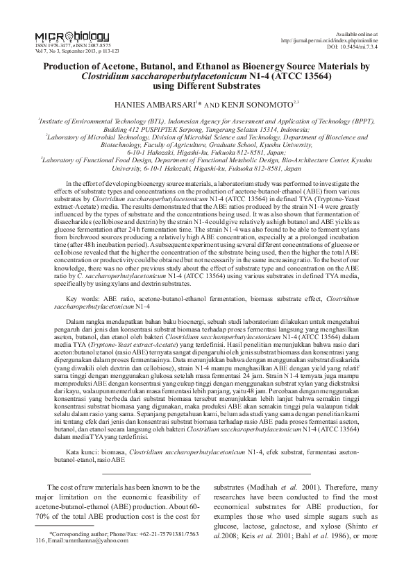 (PDF) Production of Acetone, Butanol and Ethanol as Bioenergy Source Materials by Clostridium ...