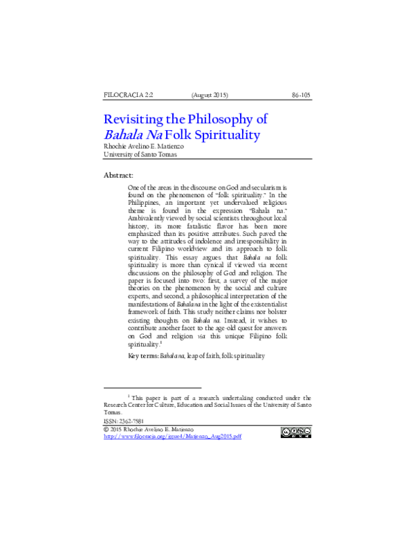 (PDF) Revisiting the Philosophy of Bahala Na Folk Spirituality