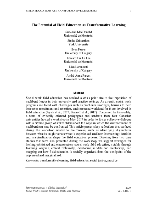 (PDF) The Potential of Field Education as Transformative Learning