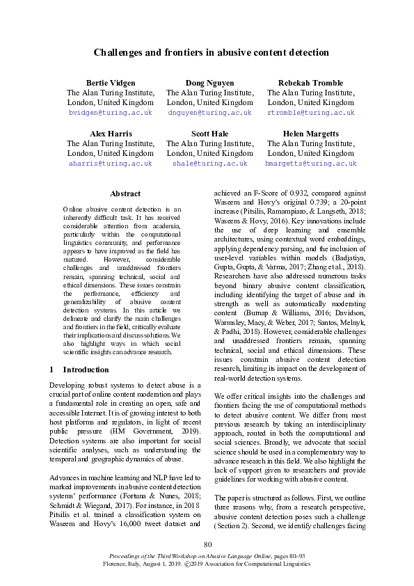 (PDF) Challenges and frontiers in abusive content detection