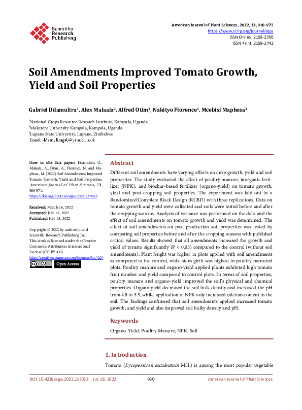 (PDF) Soil Amendments Improved Tomato Growth, Yield and Soil Properties