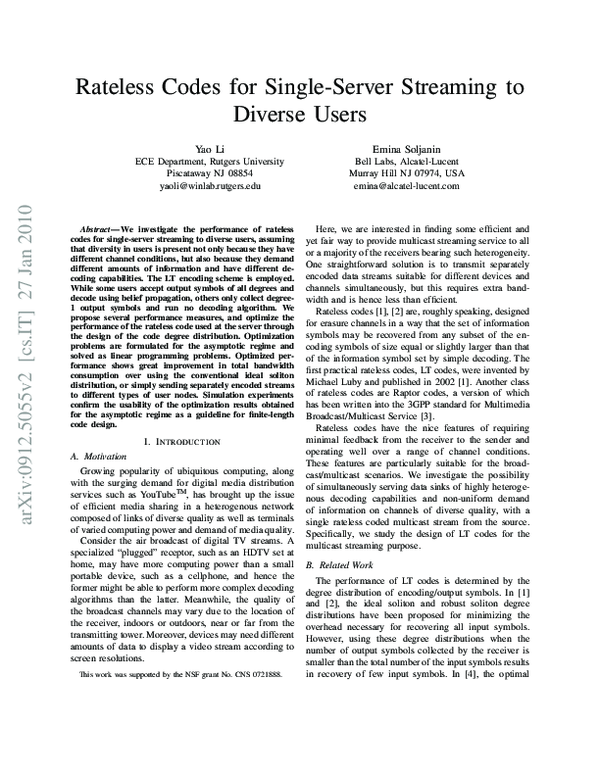 (PDF) Rateless codes for single-server streaming to diverse users