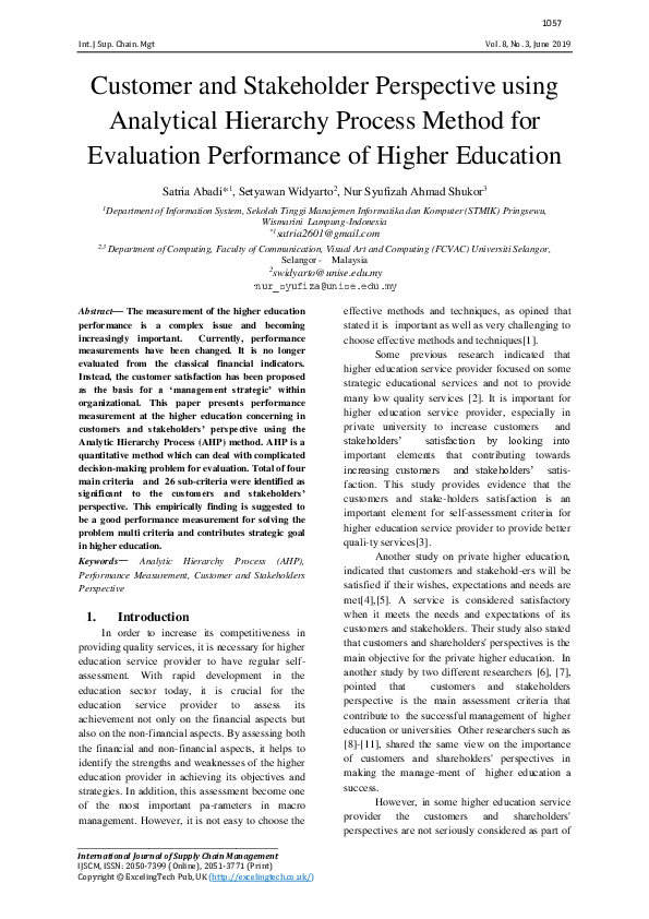 (PDF) Customer and Stakeholder Perspective using Analytical Hierarchy Process Method for ...