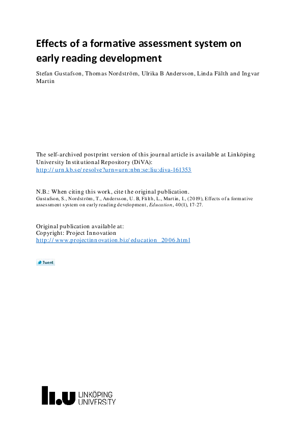 (PDF) Effects of a Formative Assessment System on Early Reading Development