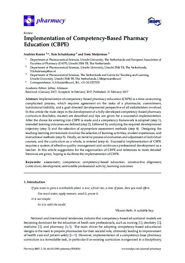 (PDF) Implementation of Competency-Based Pharmacy Education (CBPE)