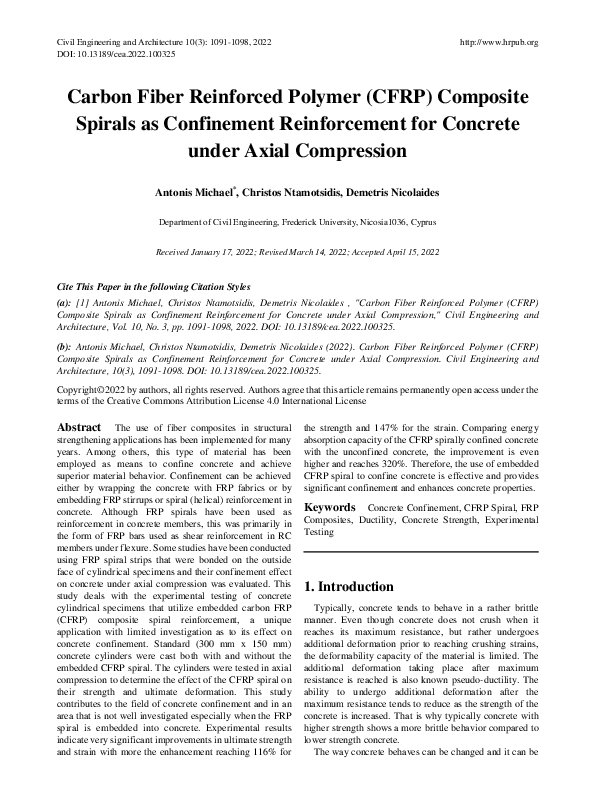 Pdf Carbon Fiber Reinforced Polymer Cfrp Composite Spirals As Confinement Reinforcement For