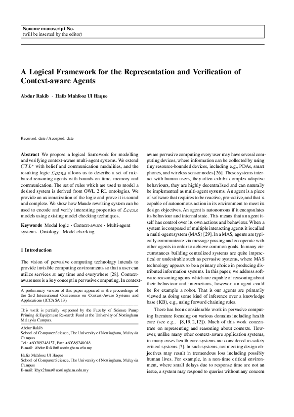 (PDF) A Logical Framework for the Representation and Verification of Context-aware Agents