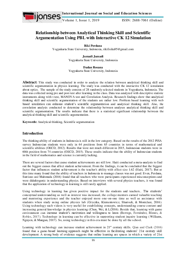 (PDF) Relationship between Analytical Thinking Skill and Scientific Argumentation Using PBL with ...