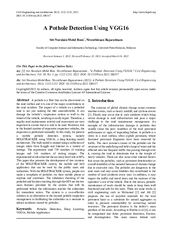 (PDF) A Pothole Detection Using VGG16 (PDF) A Pothole Detection Using VGG16