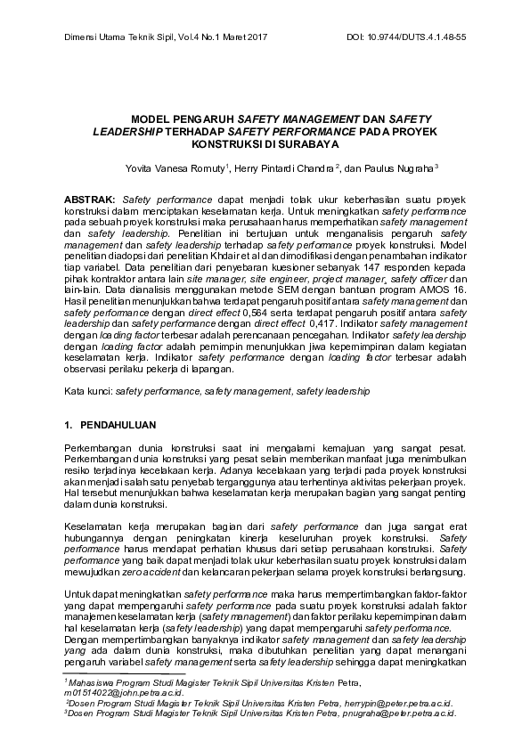 (PDF) Model Pengaruh Safety Management Dan Safety Leadership Terhadap Safety Performance Pada ...