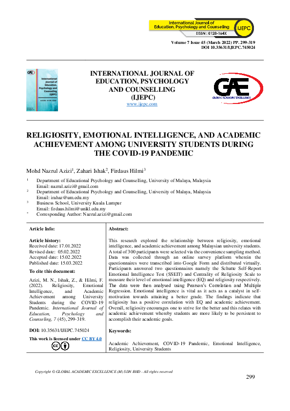 (PDF) Religiosity, Emotional Intelligence, and Academic Achievement ...