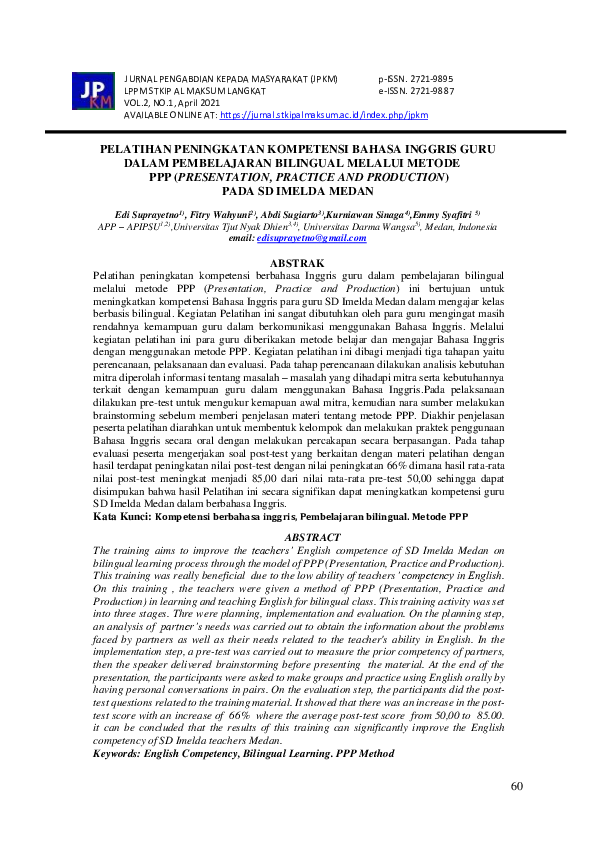 (PDF) Pelatihan Peningkatan Kompetensi Bahasa Inggris Guru Dalam Pembelajaran Bilingual Melalui ...
