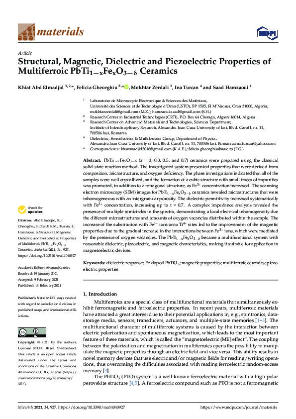 (PDF) Structural, Magnetic, Dielectric and Piezoelectric Properties of Multiferroic PbTi1−xFexO3 ...