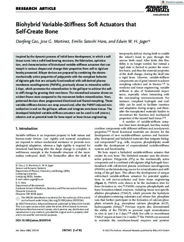 Pdf Biohybrid Variable‐stiffness Soft Actuators That Self‐create Bone