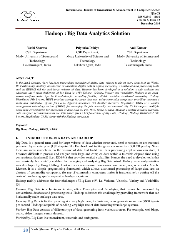 (PDF) Hadoop : Big Data Analytics Solution