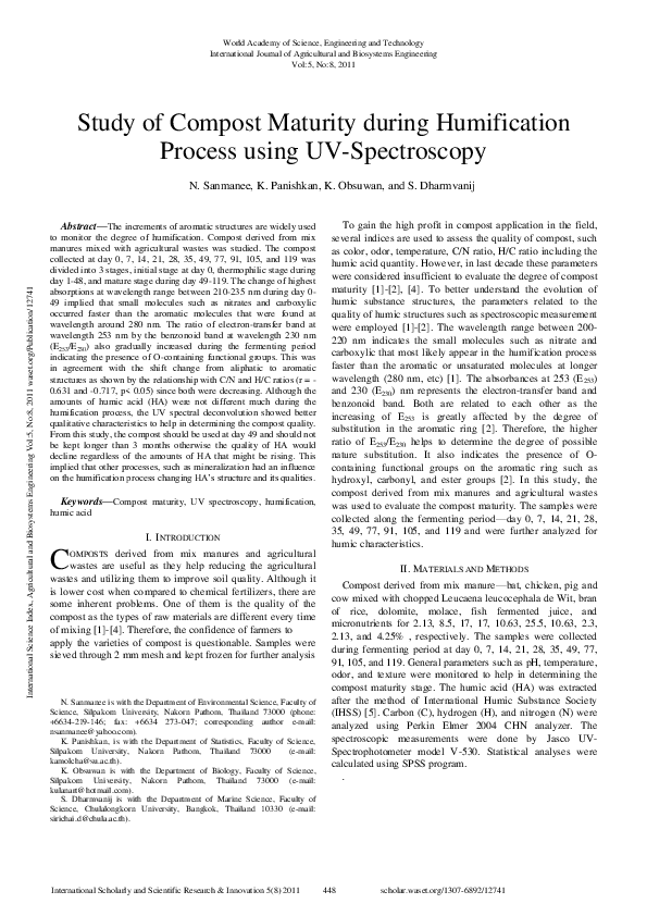 (PDF) Study Of Compost Maturity During Humification Process Using Uv-Spectroscopy | Sirichai ...