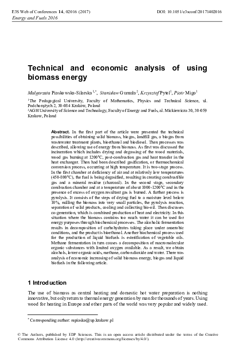(PDF) Technical and economic analysis of using biomass energy