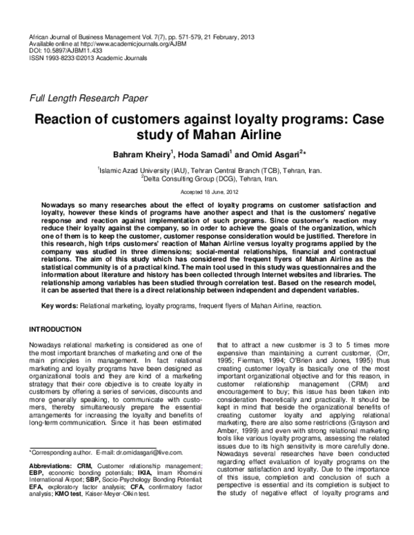 (PDF) Reaction of customers against loyalty programs: Case study of Mahan Airline