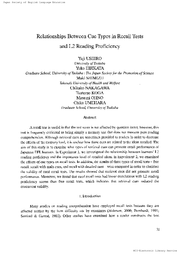 (PDF) Relationships Between Cue Types in Recall Tests and L2 Reading ...