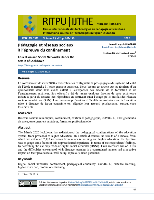 (PDF) Pédagogie et réseaux sociaux à l’épreuve du confinement
