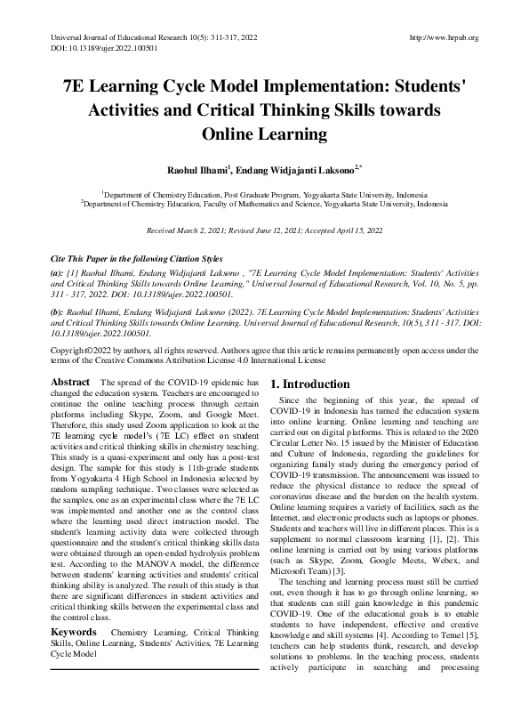 (PDF) 7E Learning Cycle Model Implementation: Students' Activities and ...