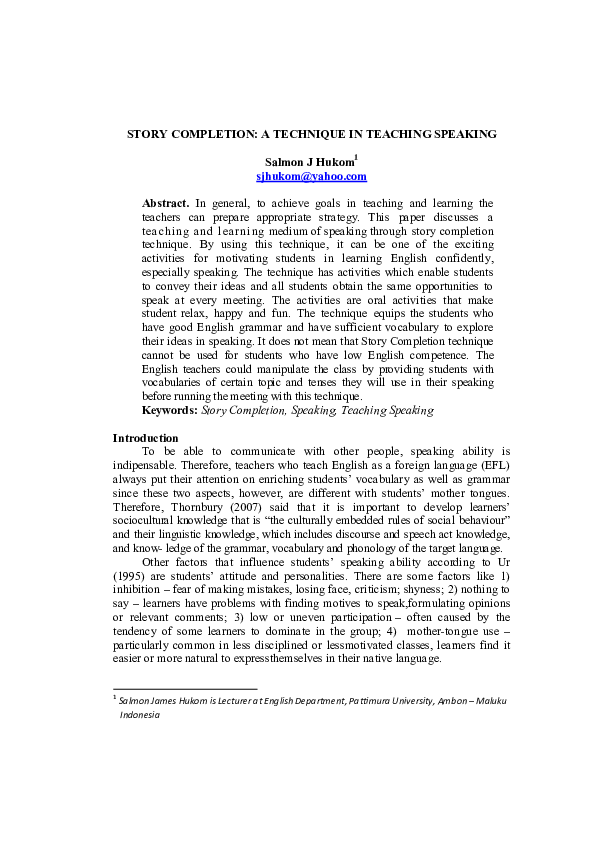 (PDF) Story Completion: A Technique in Teaching Speaking