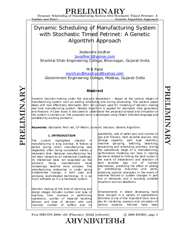 (PDF) Dynamic Scheduling of Manufacturing System with Stochastic Timed Petrinet: A Genetic ...