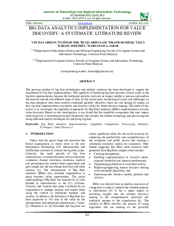 (PDF) Big Data Analytics Implementation for Value Discovery : A ...