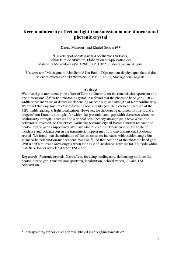 (PDF) Impact of Kerr Nonlinearity on 1D Photonic Crystal Transmission