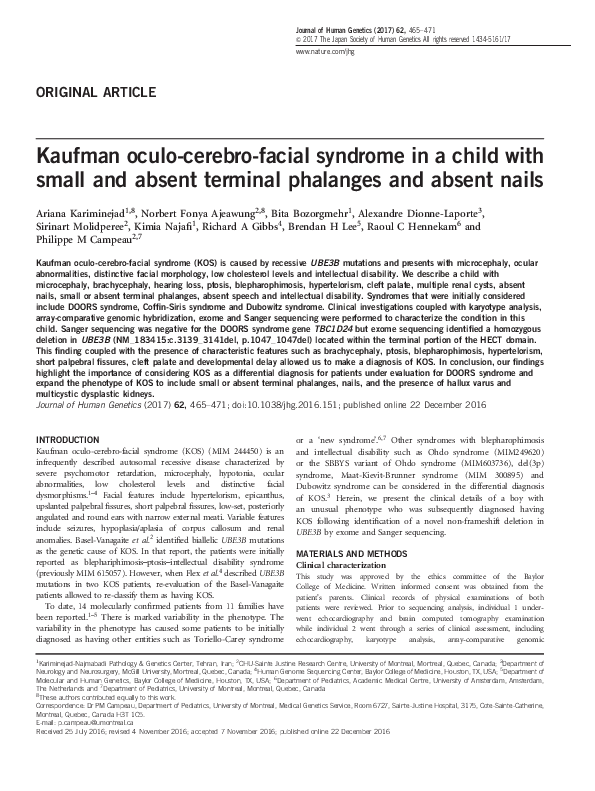 (PDF) Kaufman oculo-cerebro-facial syndrome in a child with small and ...