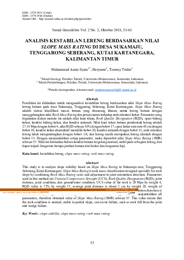(PDF) Analisis Kestabilan Lereng Bedasarkan Nilai Slope Mass Rating DI Desa Sukamaju, Tenggarong ...