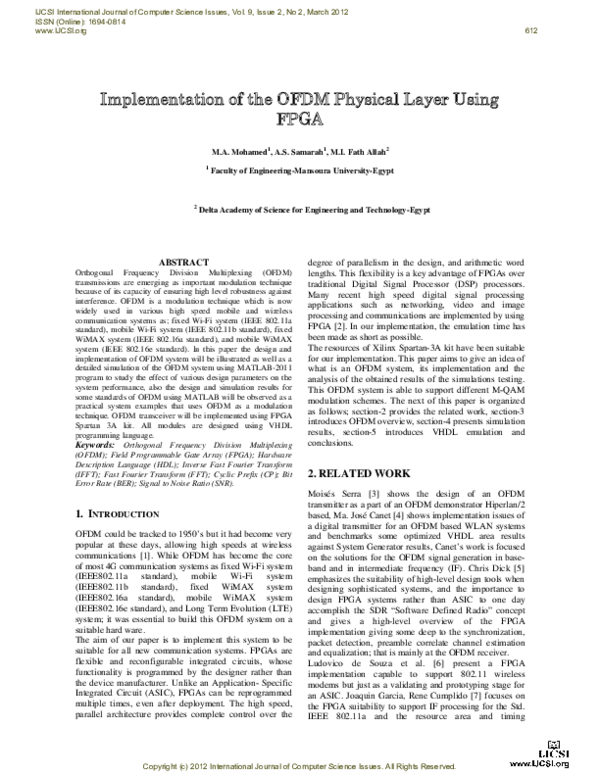 Pdf Implementation Of The Ofdm Physical Layer Using Fpga