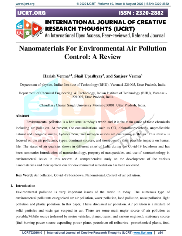 (PDF) Nanomaterials For Environmental Air Pollution Control: A Review