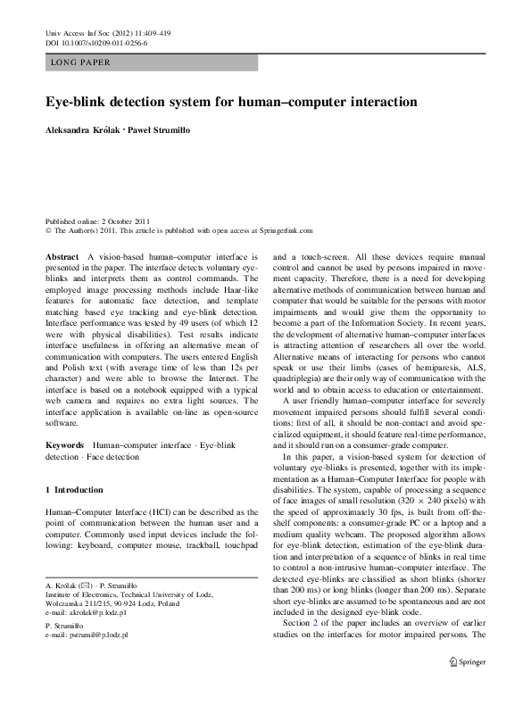 (PDF) Eye-blink detection system for human–computer interaction