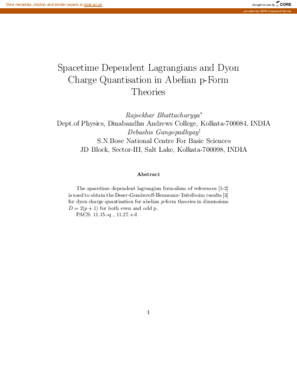 (PDF) Spacetime Dependent Lagrangians and Dyon Charge Quantisation in ...