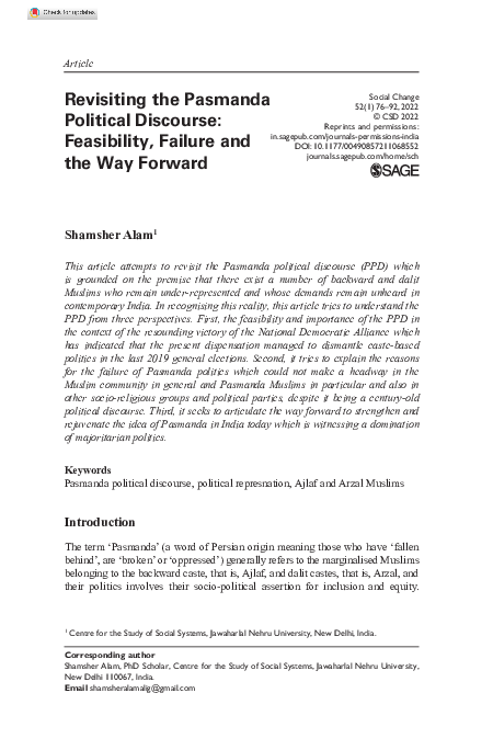 (PDF) Revisiting the Pasmanda Political Discourse: Feasibility, Failure ...