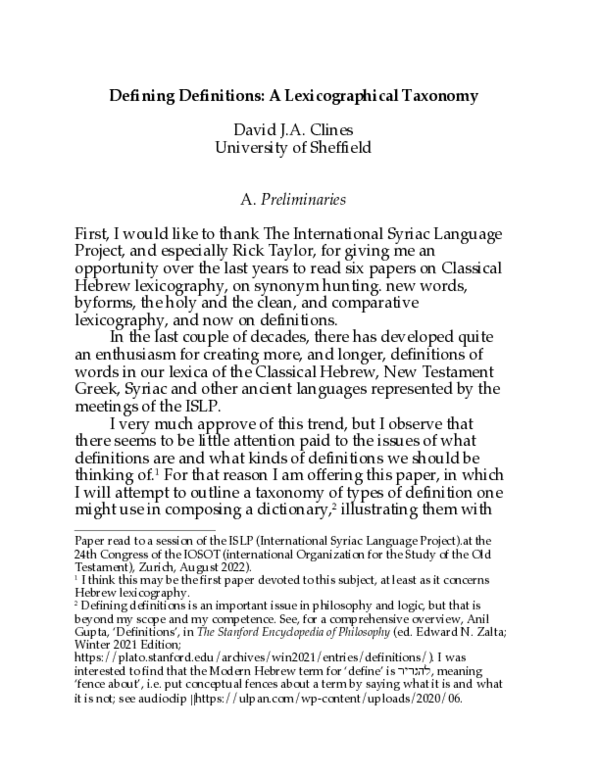 (PDF) Defining Definitions: A Lexicographical Taxonomy | David Clines ...