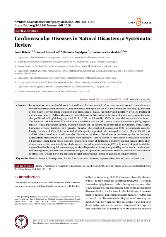 (PDF) Cardiovascular Diseases in Natural Disasters; a Systematic Review