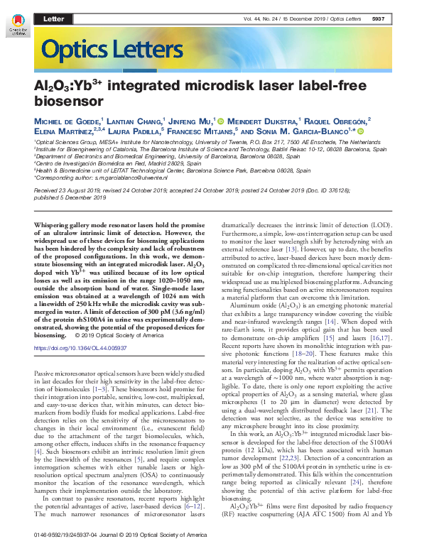 (PDF) Al2O3:Yb3+ integrated microdisk laser label-free biosensor