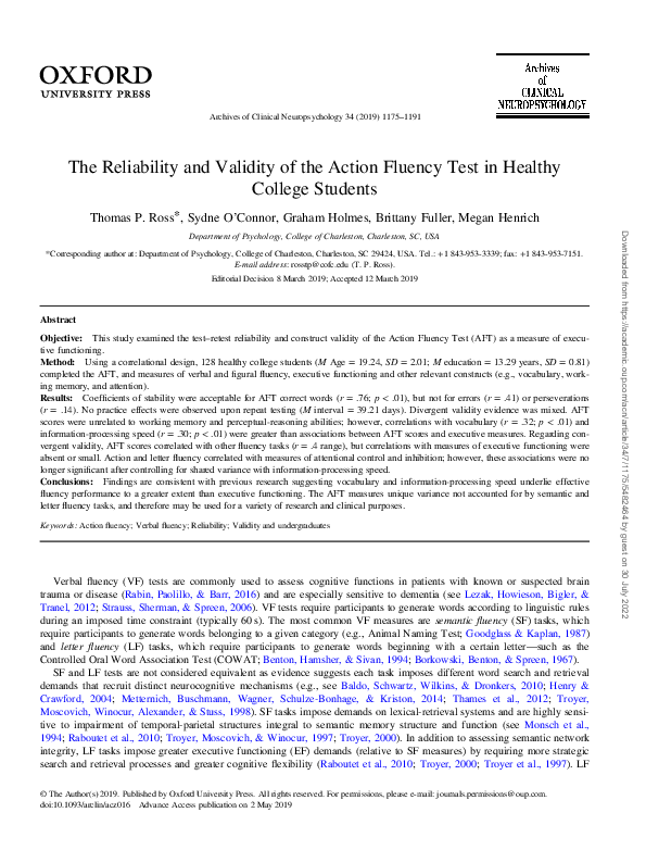 (PDF) The Reliability and Validity of the Action Fluency Test in ...