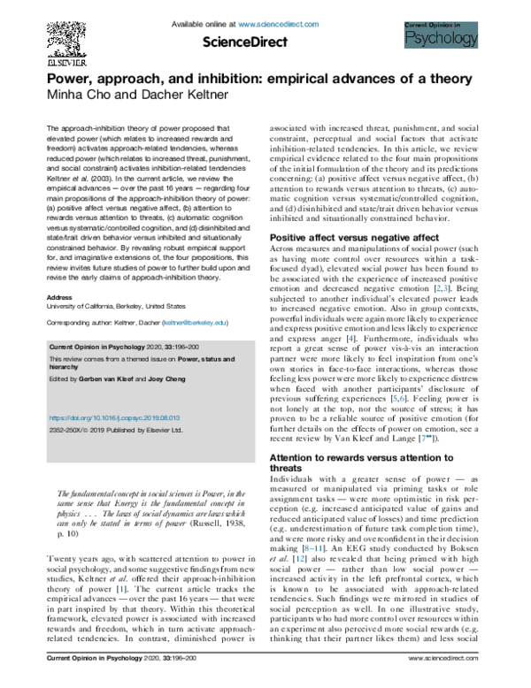 (PDF) Power, approach, and inhibition: Empirical advances of a theory