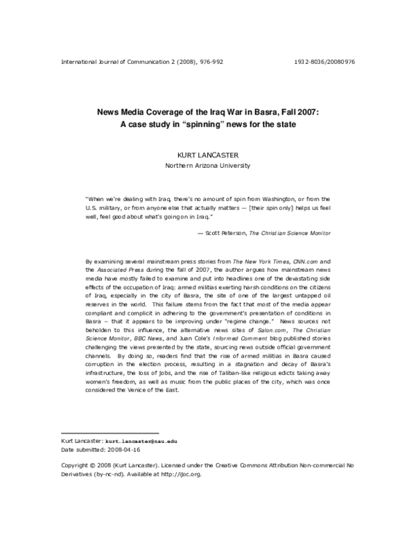 (PDF) News Media Coverage of the Iraq War in Basra, Fall 2007: A case ...