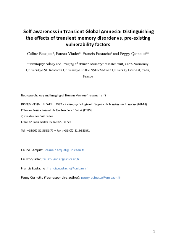(PDF) Self-awareness in Transient Global Amnesia: distinguishing the ...